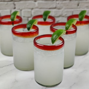 Hand Blown Mexican Drinking Glasses - Set of 6 Glasses With Red Rims ...