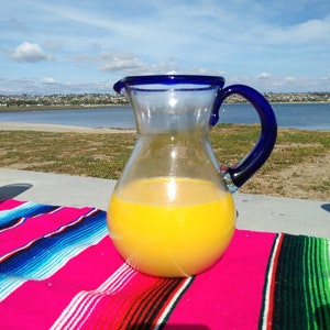 Hand Blown Glass Pitcher – Mexican Pitcher With Cobalt Blue Rim and ...