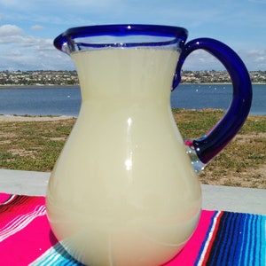 Hand Blown Glass Pitcher – Mexican Pitcher With Cobalt Blue Rim and ...