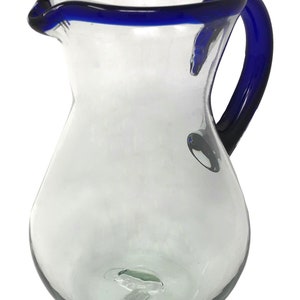 Hand Blown Glass Pitcher – Mexican Pitcher With Cobalt Blue Rim and ...