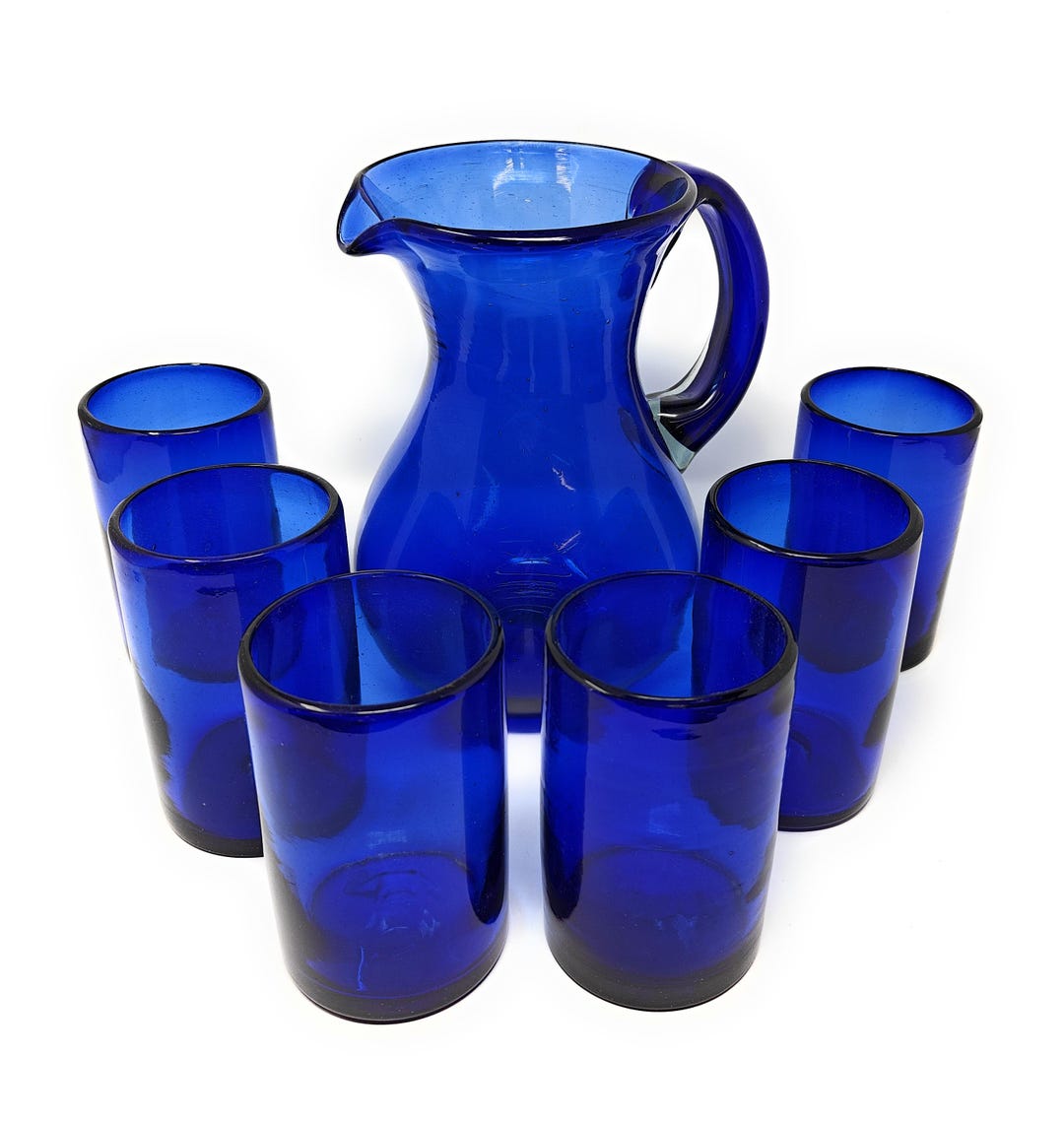 Mexican Hand Blown Glassware Combo Set - Pure Cobalt Design Pitcher and ...