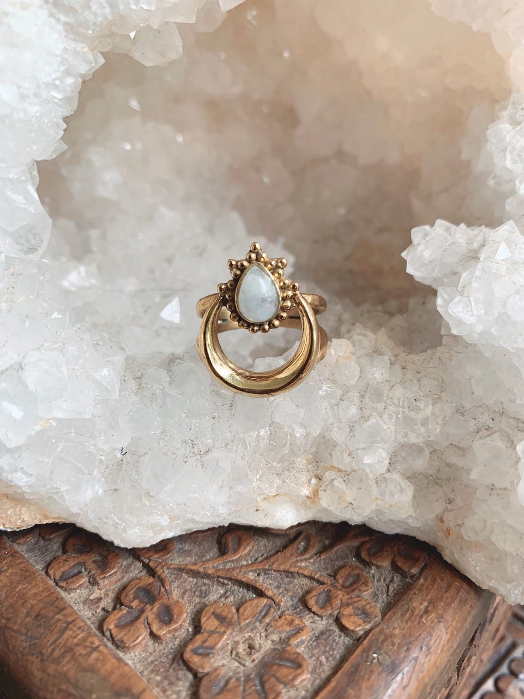 SALENA Ring • Brass Indian Moonstone Ring | Raw Brass Moon Ring ...