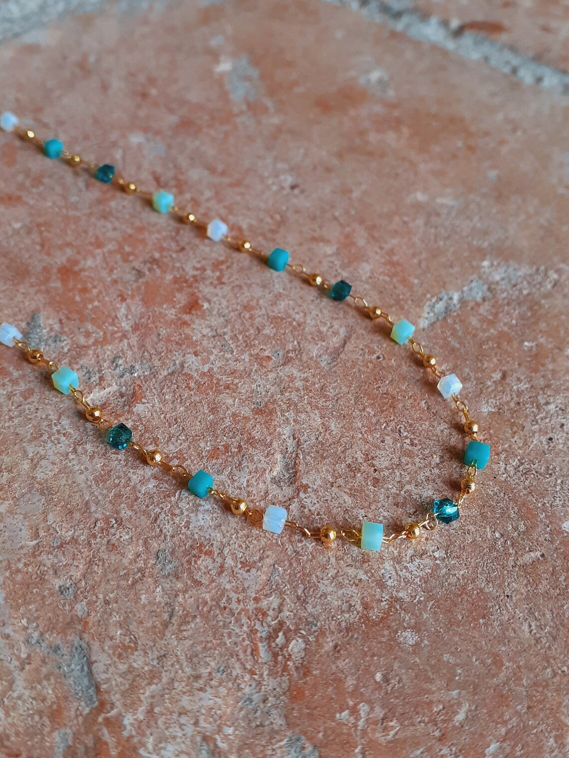 Glass Beaded Choker Necklace, Bohemian Blue Cube Beads Choker, Copper ...