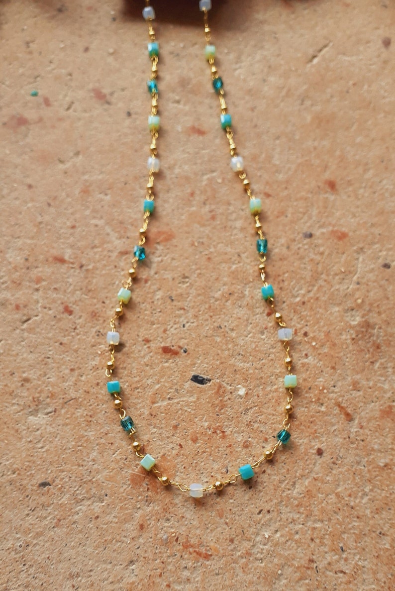 Glass Beaded Choker Necklace, Bohemian Blue Cube Beads Choker, Copper ...