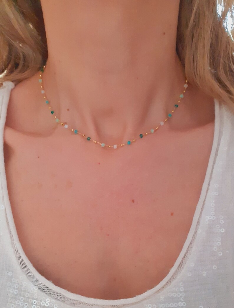 Glass Beaded Choker Necklace, Bohemian Blue Cube Beads Choker, Copper ...