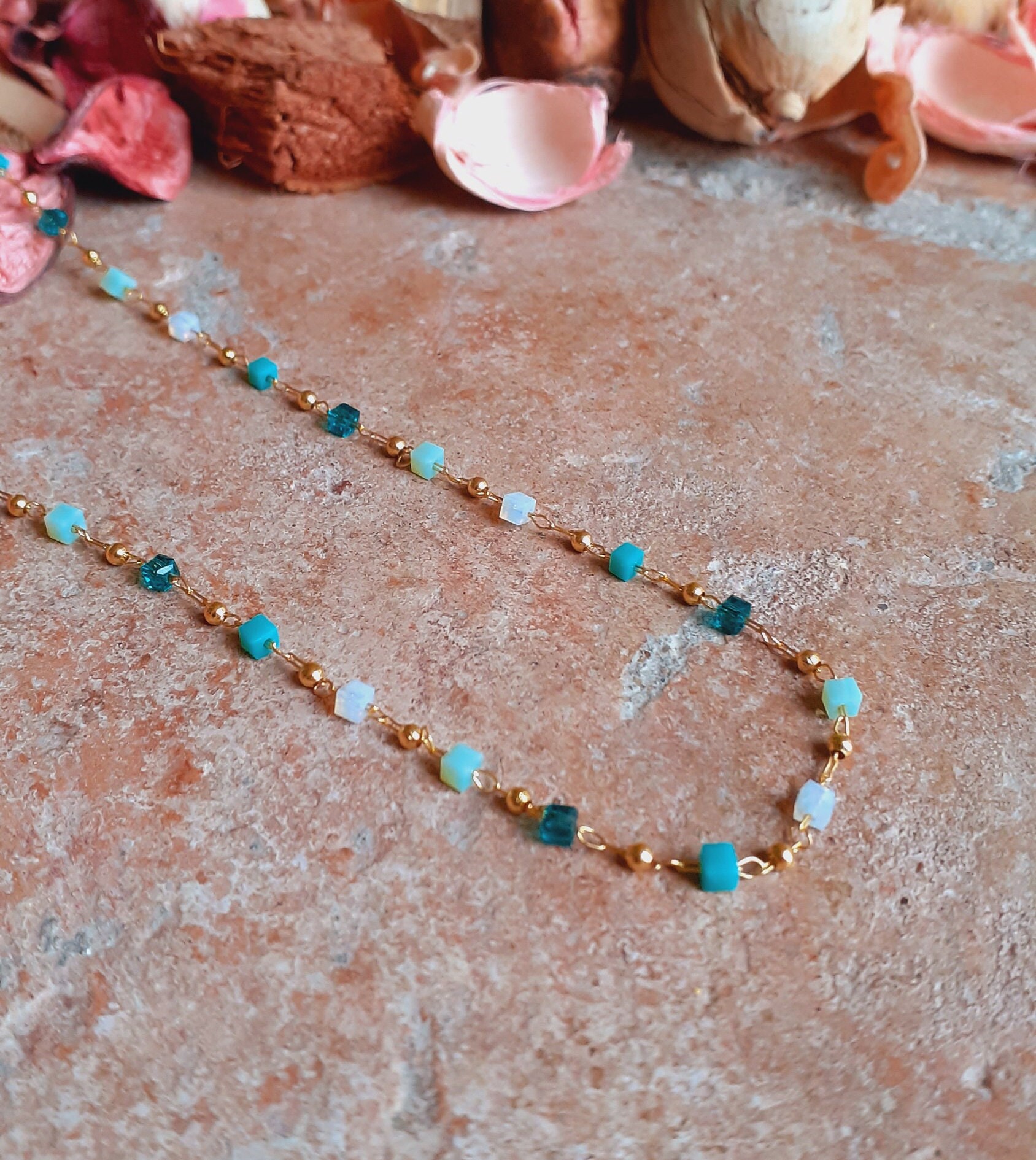 Glass Beaded Choker Necklace, Bohemian Blue Cube Beads Choker, Copper ...