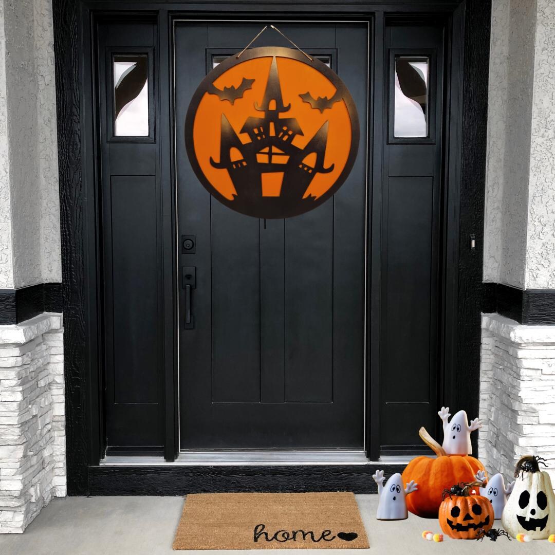 Dracula Castelhalloween Round Door Sign, Black Orange Wooden Front Door ...