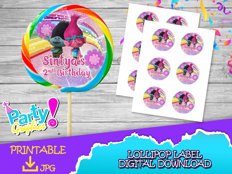 Trolls Birthday Party Lollipop Label DIGITAL DOWNLOAD - Etsy