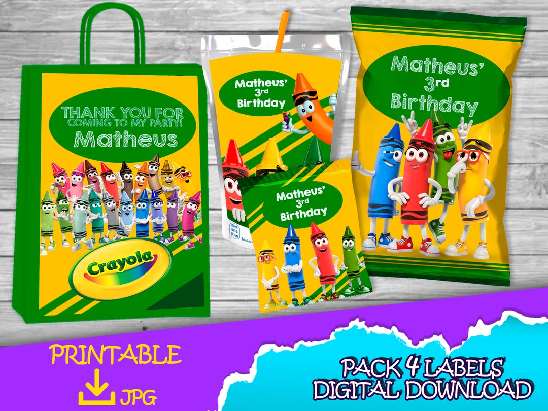 Crayola Birthday Pack Chip Bag Fruit Snacks-Favor bag Juice Labels ...