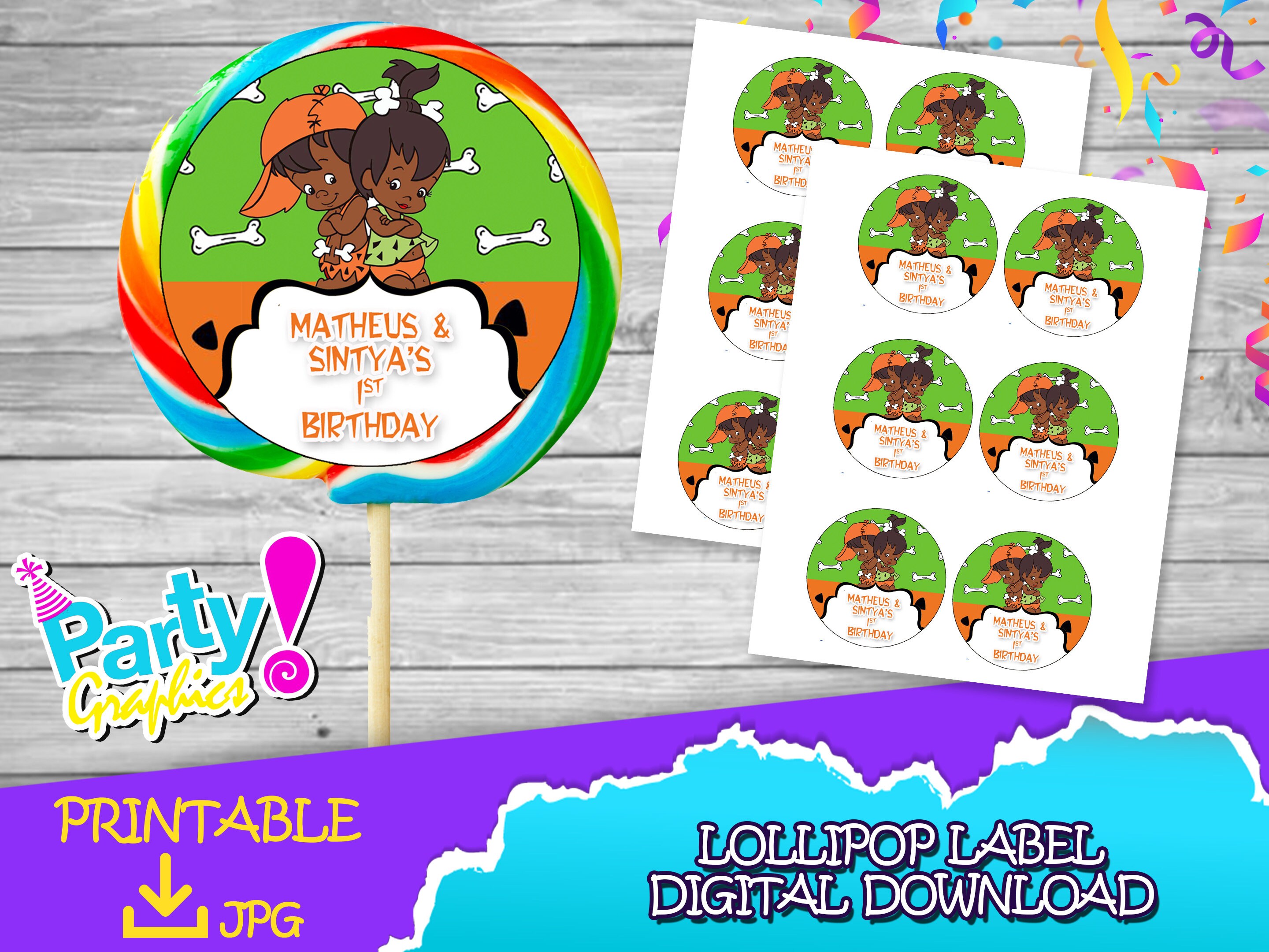 Pebbles and Bam Bam Birthday Party Lollipop Label DIGITAL - Etsy