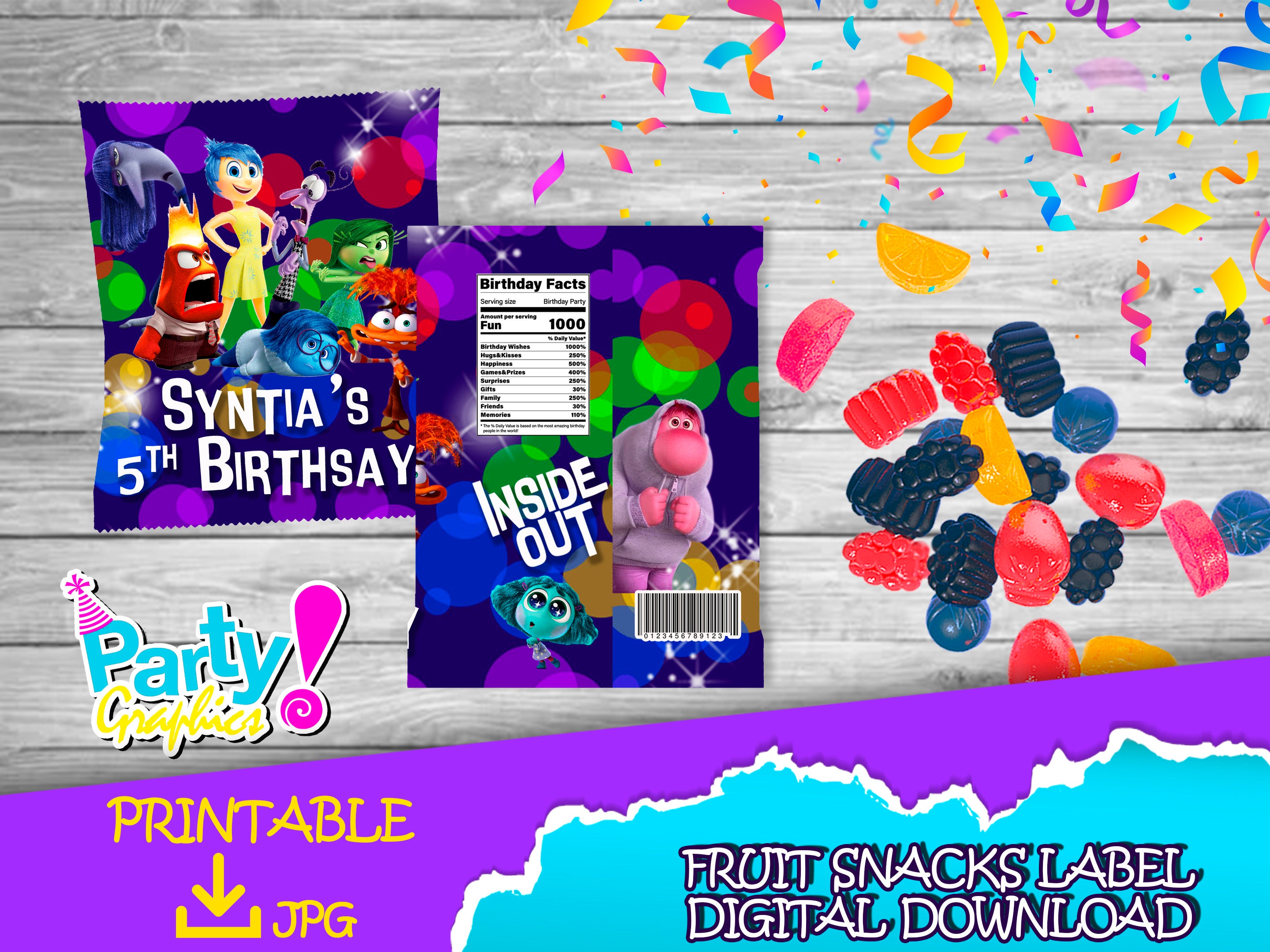 Inside Out Birthday Label Fruit Snacks Printable Supplies Gummies ...