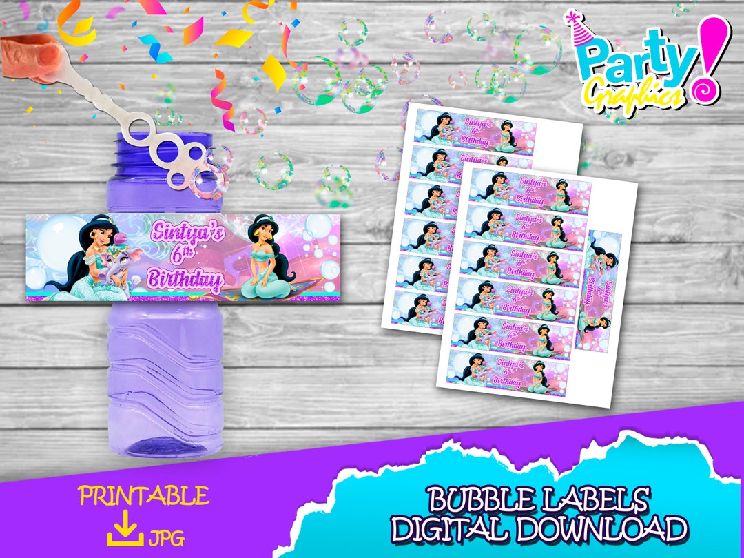 Princess Jasmine Bubble Bottle Labels Princess Jasmine Birthday Party ...