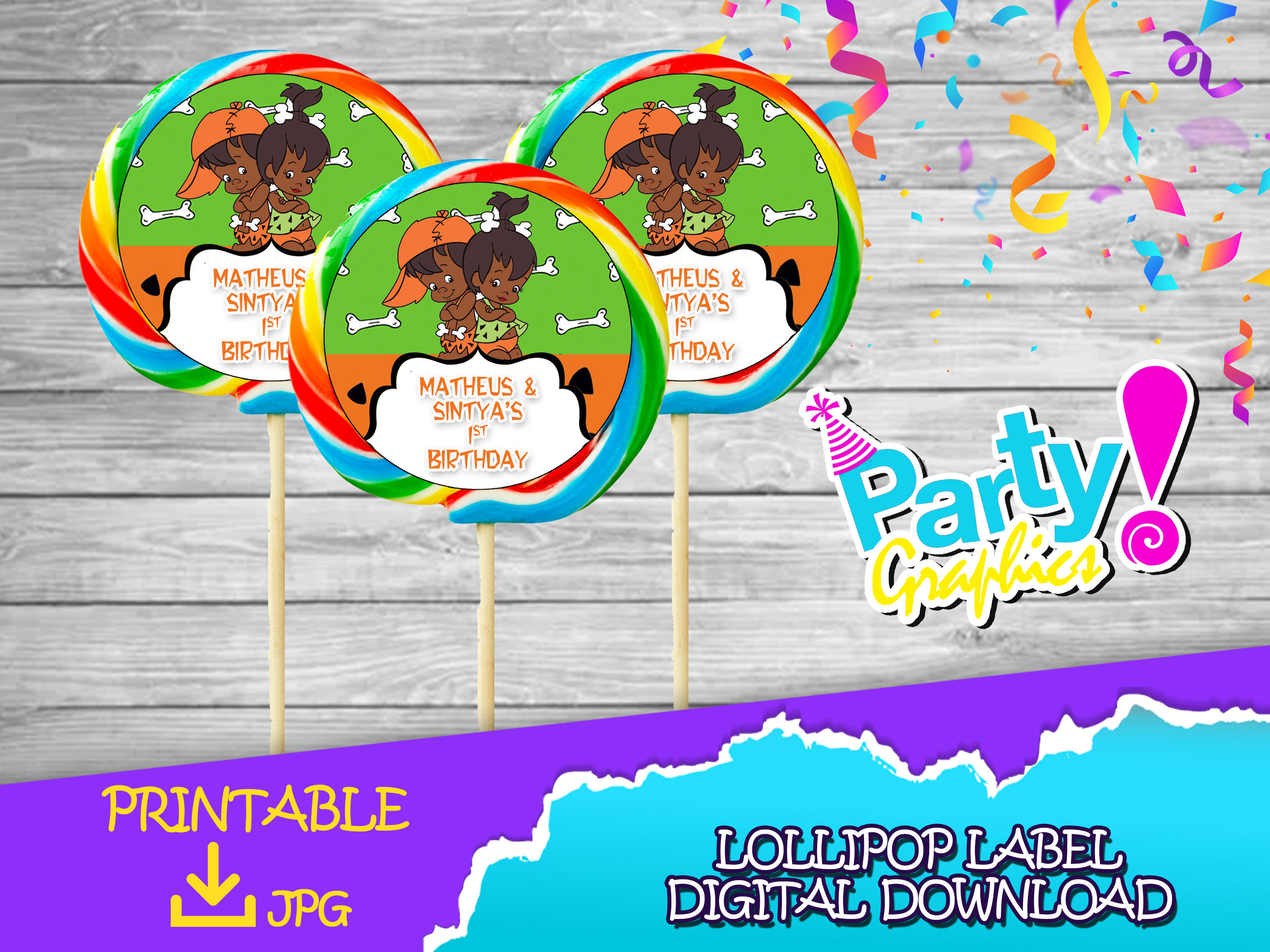 Pebbles and Bam Bam Birthday Party Lollipop Label DIGITAL - Etsy