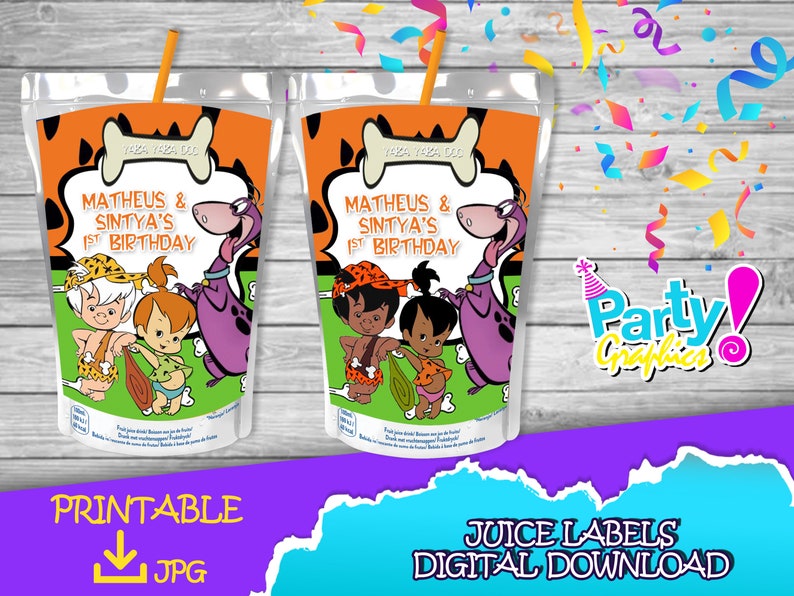 Pebbles and Bam Bam Birthday Party juice Label DIGITAL - Etsy