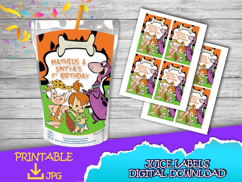 Pebbles and Bam Bam Birthday Party juice Label DIGITAL - Etsy