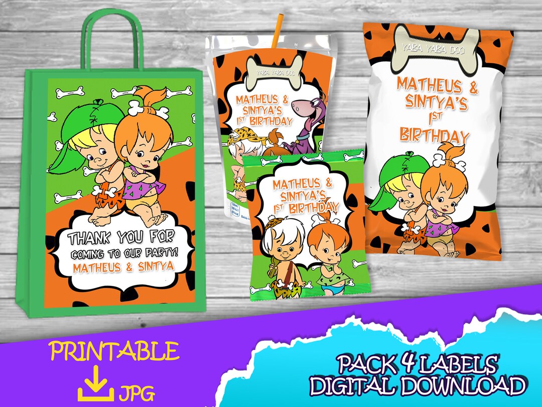 Pebbles and Bam Bam Birthday Pack Chip Bag fruit Snacks-favor Bag Juice ...