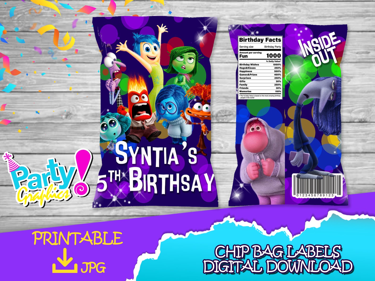 Inside Out Birthday Label Chip Bag 1oz Printable Supplies DIGITAL ...