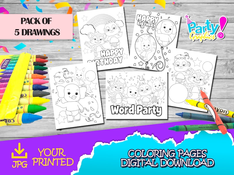 Word Party Coloring Packs Word Party Birthday Party Instant - Etsy