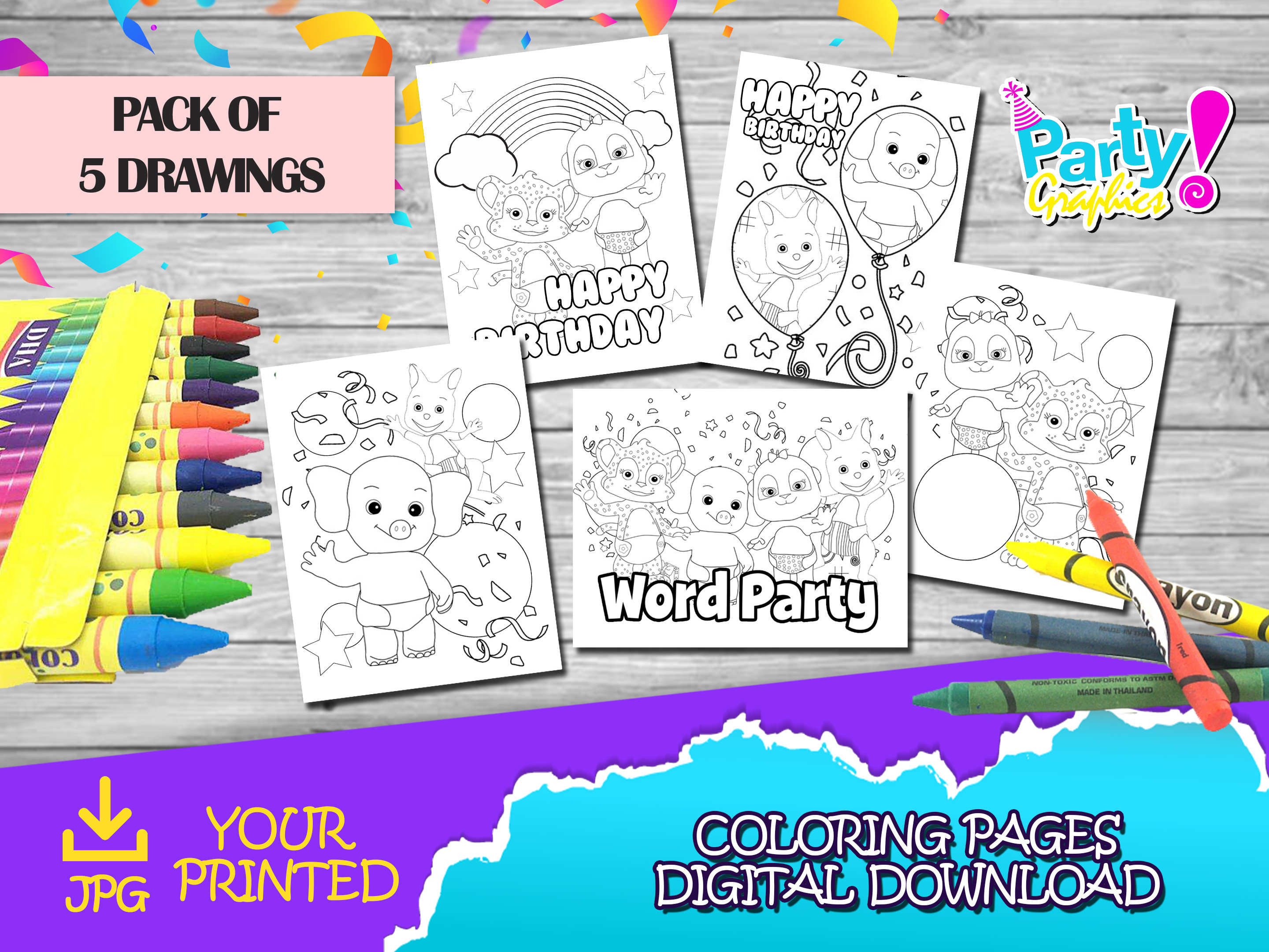 Word Party Coloring Packs Word Party Birthday Party Instant - Etsy