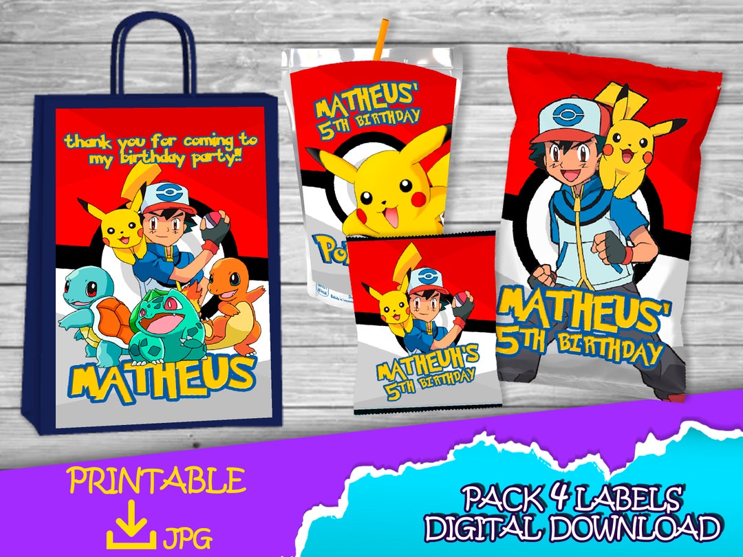 POKEMON Party Pack chip Bag fruit Snacks-favor Bag Juice bottle candy ...