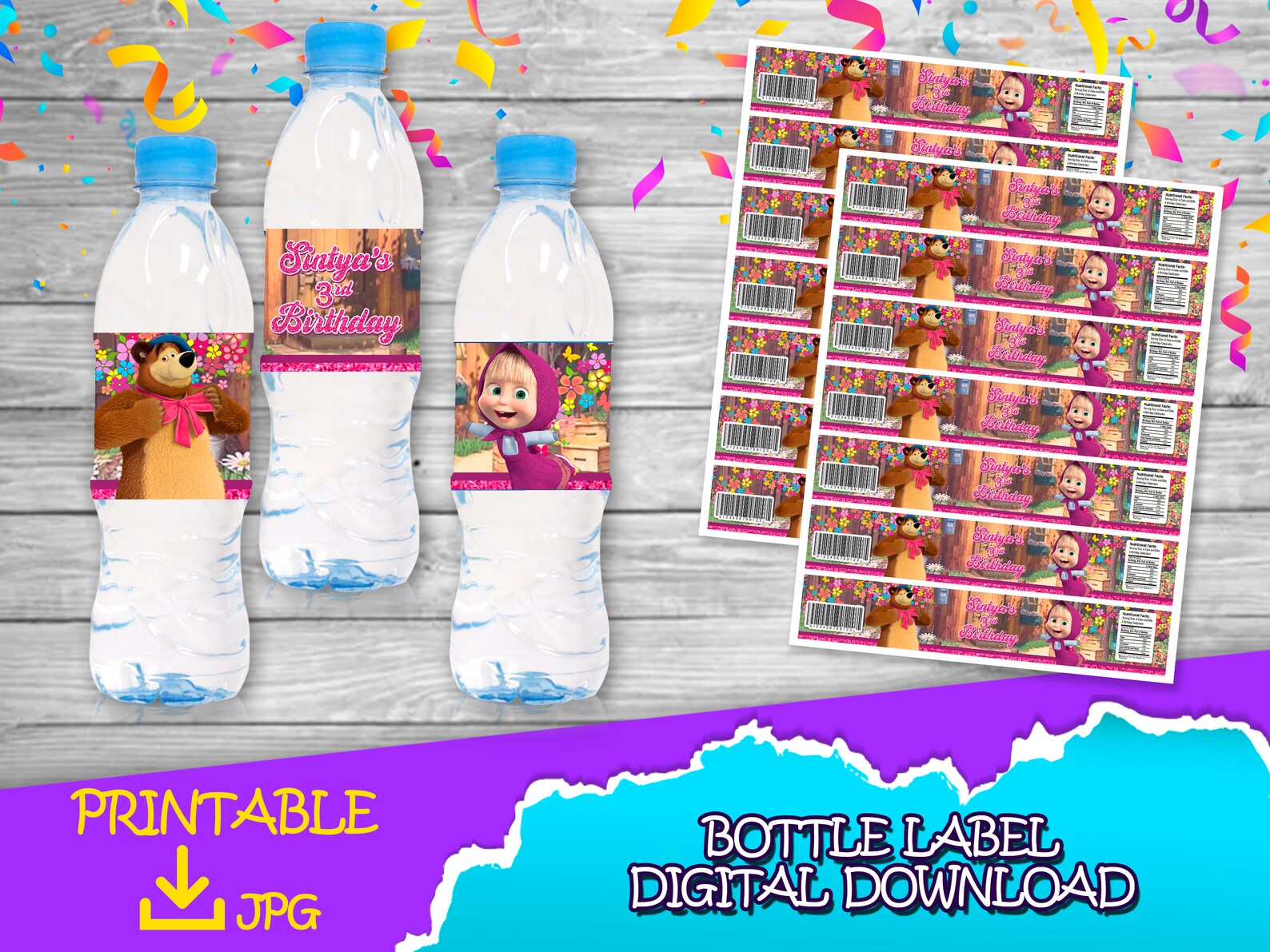 Masha and the Bear Birthday Party bottle Label DIGITAL - Etsy