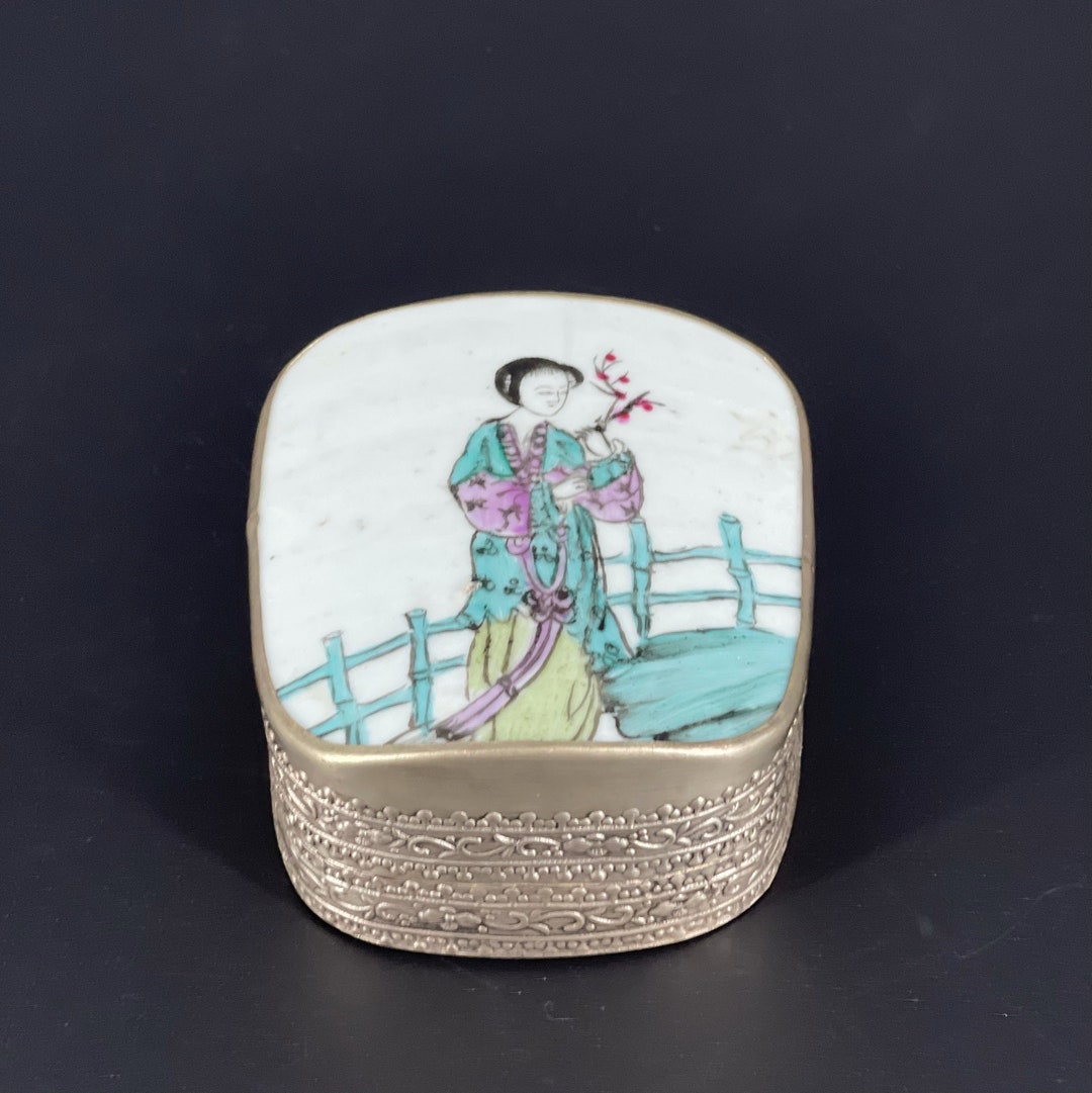 Antique Chinese Silver Trinket Box Old Porcelain Shard - Etsy