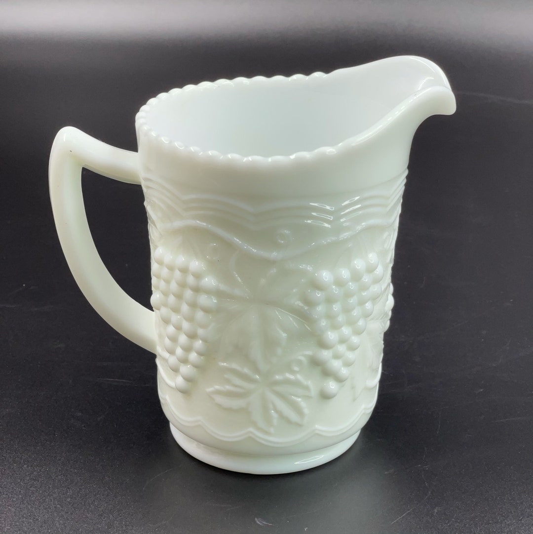 Imperial Glass Milk Glass Pitcher: Grape & Leaf Pattern, Beaded Rim - Etsy
