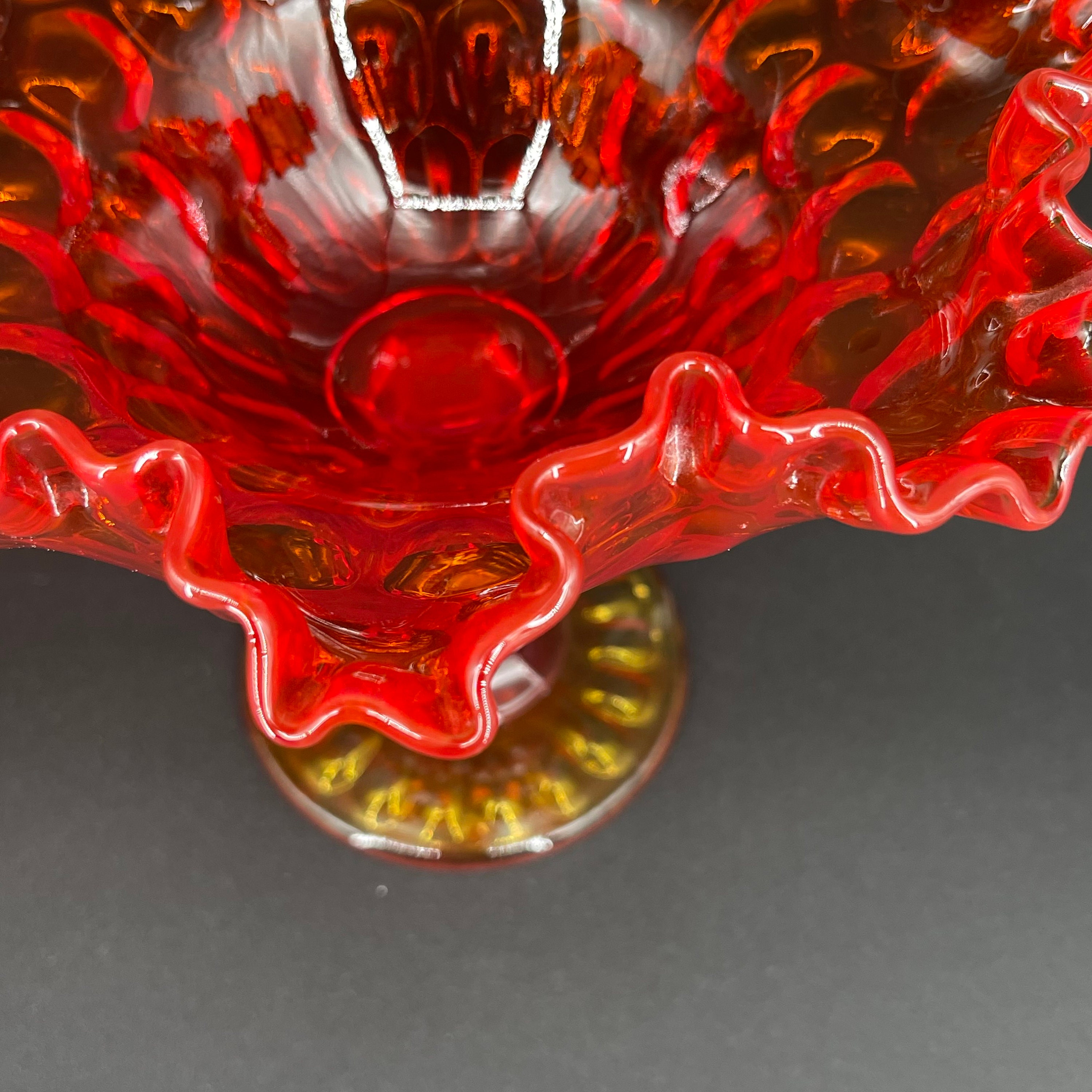 Fenton Art Glass Ruby Amberina Footed Thumbprint Compote With Ruffled ...
