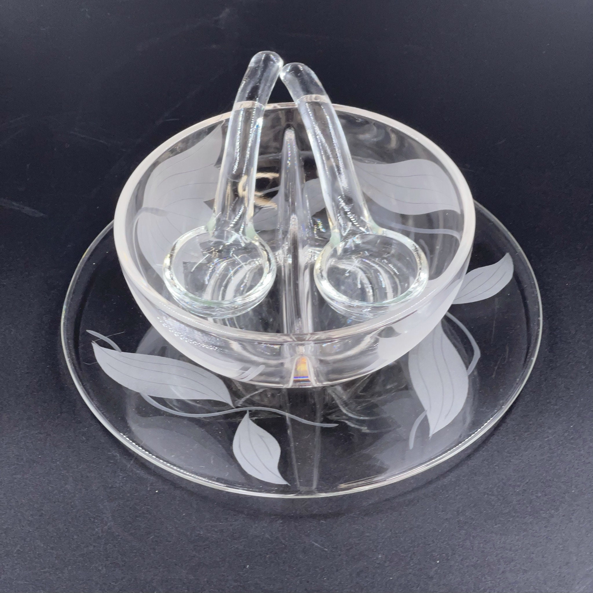 Vintage 4 Pieces Clear and Floral Glass Divided Mayonnaise Bowl ...