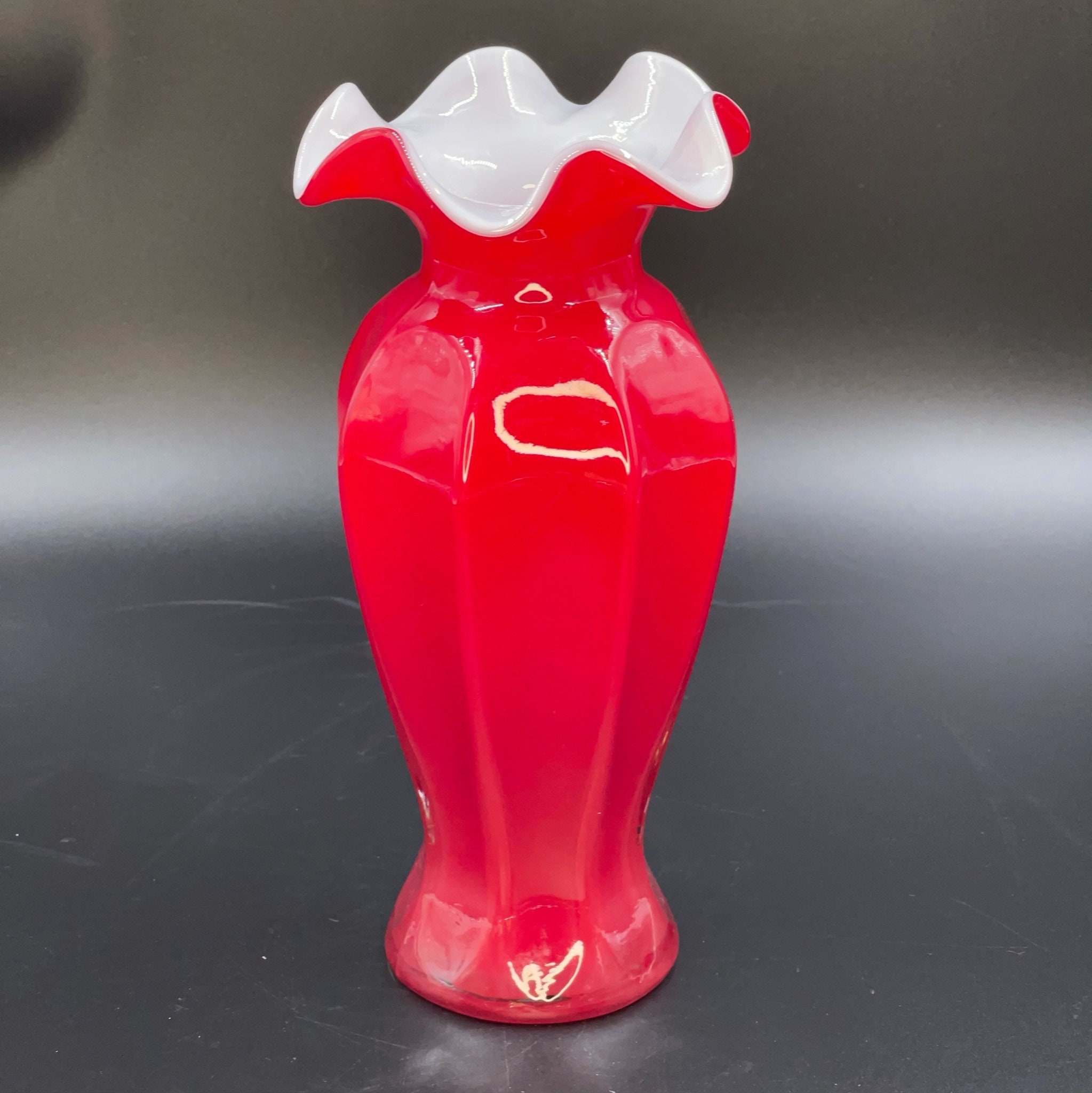 Vintage Ruby and White Cased Art Glass Vase Ruffled Rim Paneled Boby - Etsy