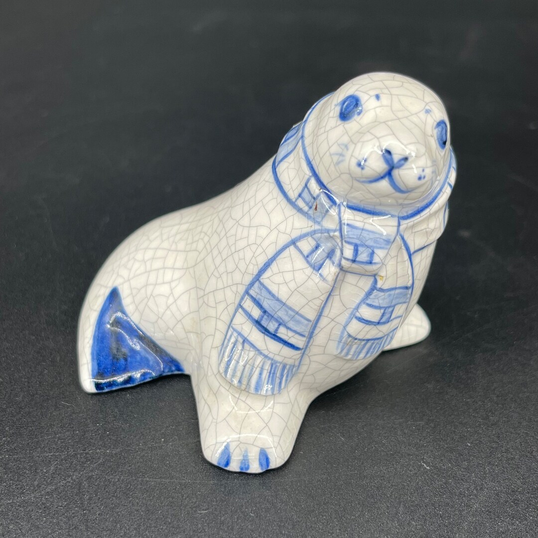 Dedham Pottery Seal Figurine Crackle Blue White Scarf - Etsy