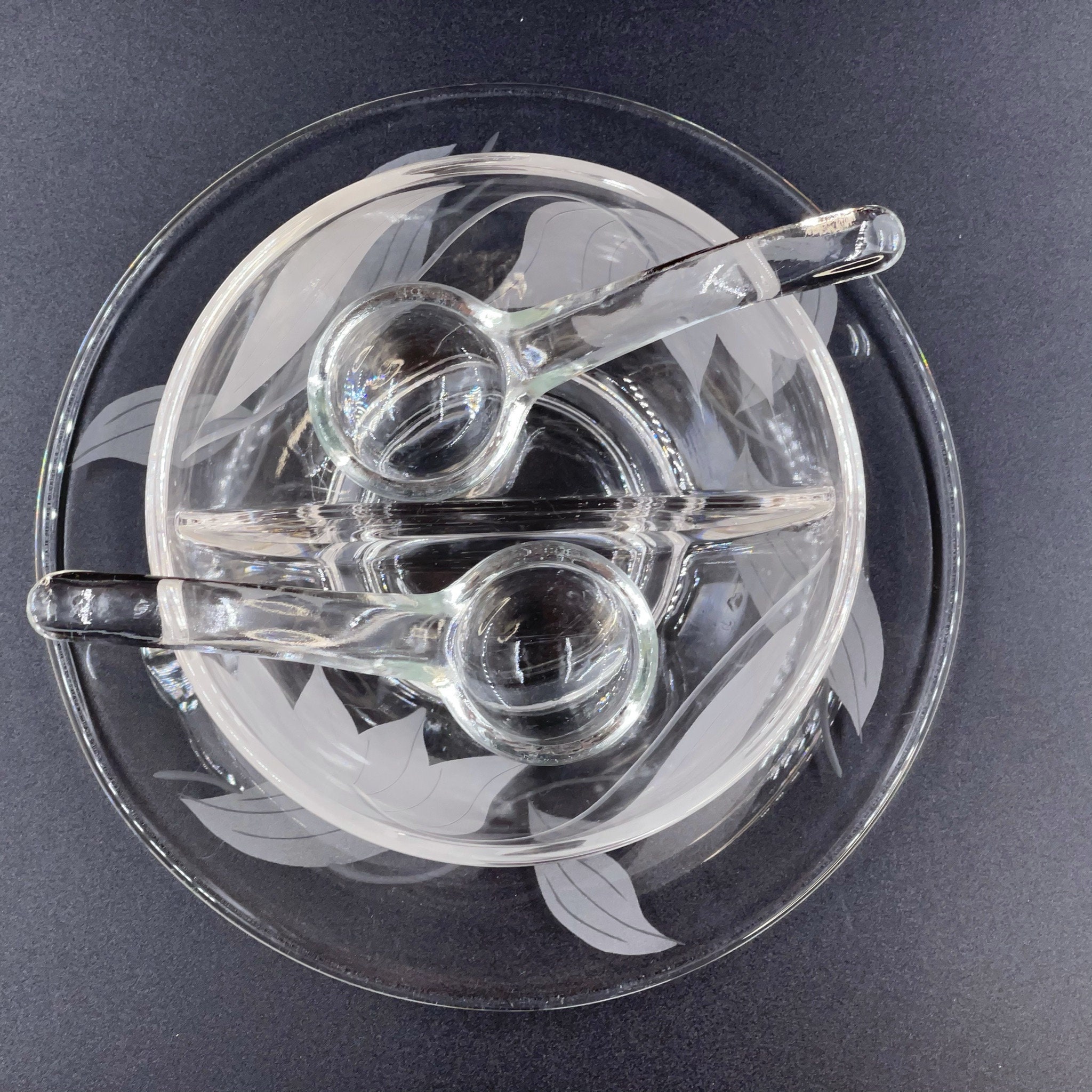 Vintage 4 Pieces Clear and Floral Glass Divided Mayonnaise Bowl ...