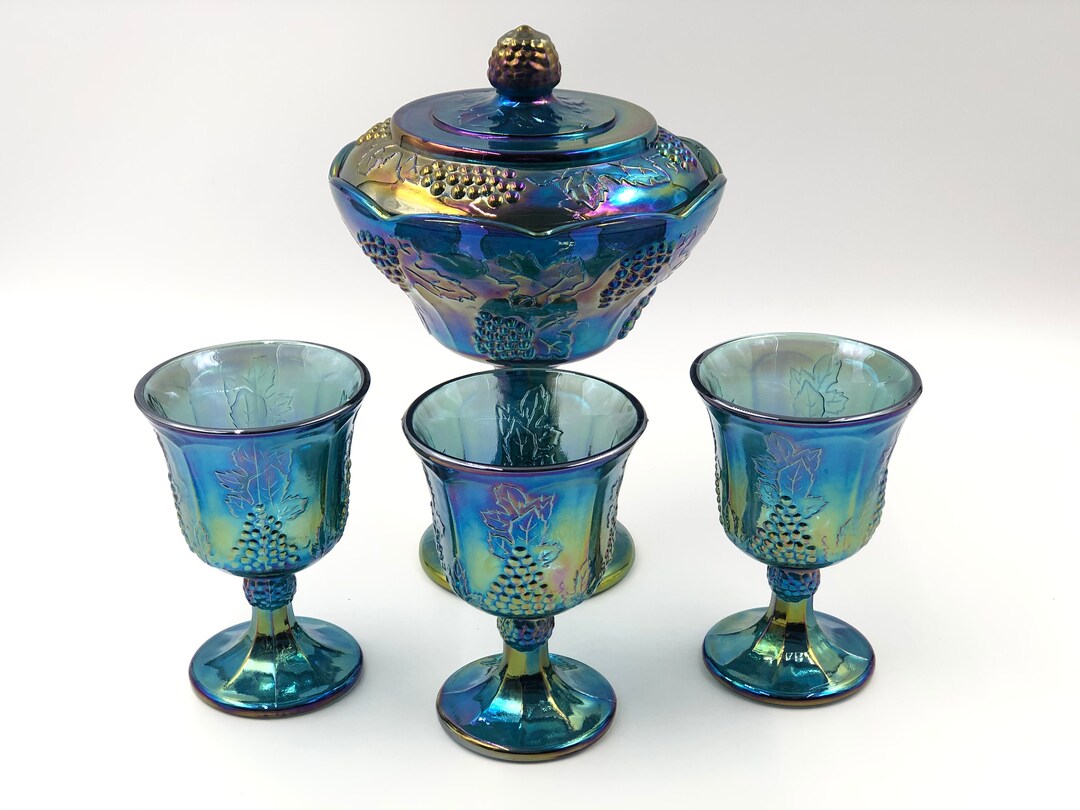 CANDY DISH/GOBLETS/ Blue Iridescent Carnival Indiana Glass Harvest ...
