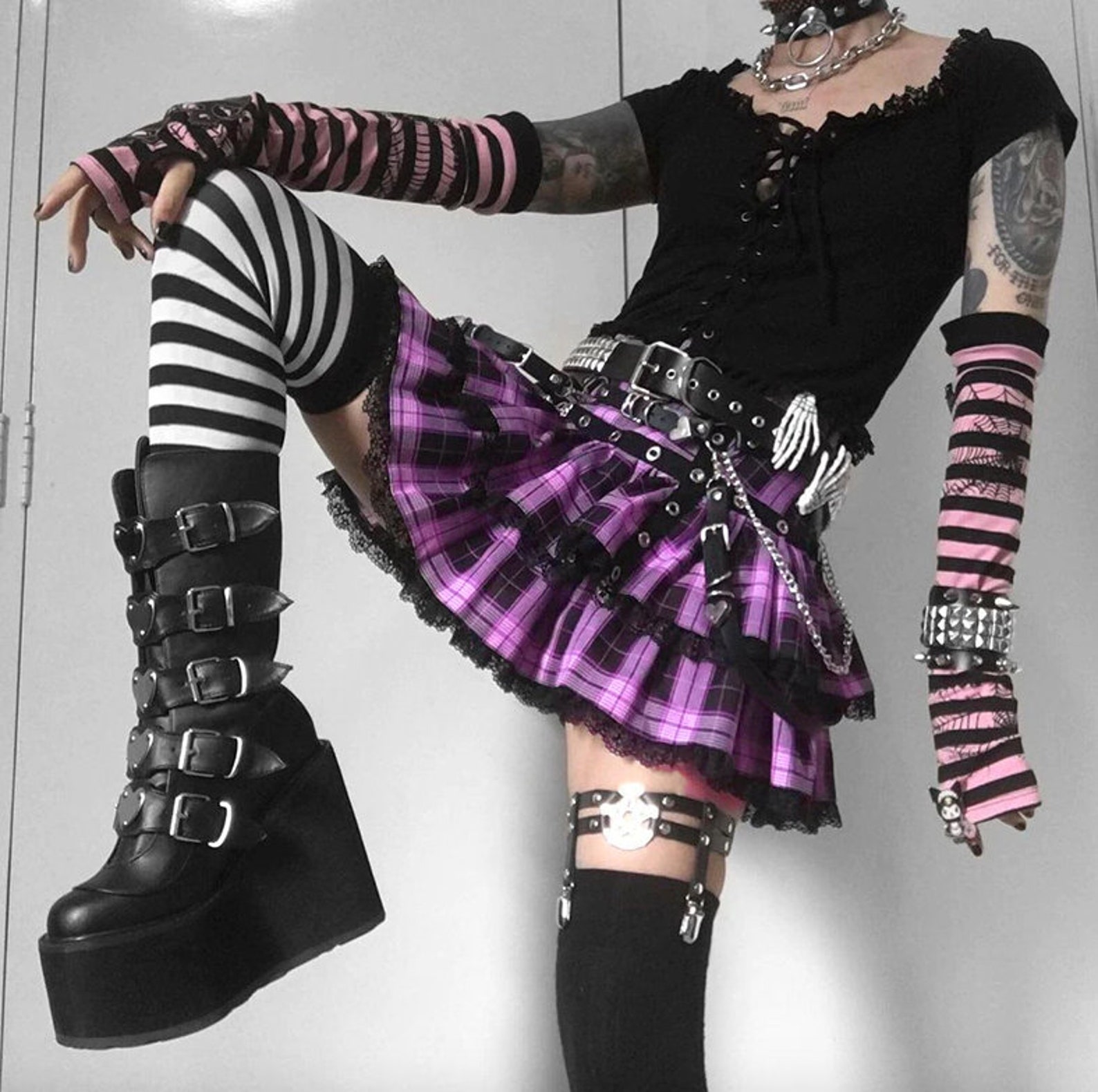 Gothic High Waist Plaid Purple Pleated Skirts Harajuku E Girl Etsy