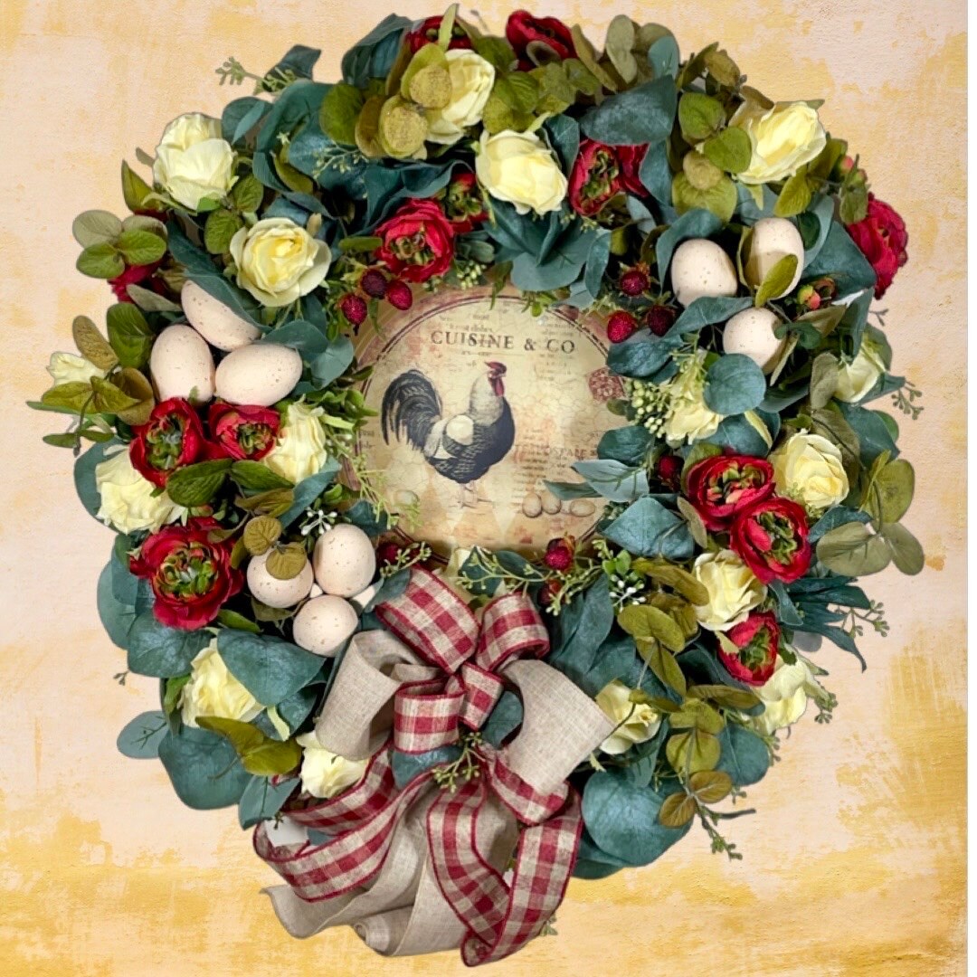 Chicken Wreath for Kitchen With Farmhouse Eggs, French Country Rooster ...