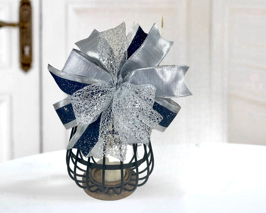 Elegant Navy Blue and Silver Fluffy Bow for Lantern Swag Topper, Silver ...