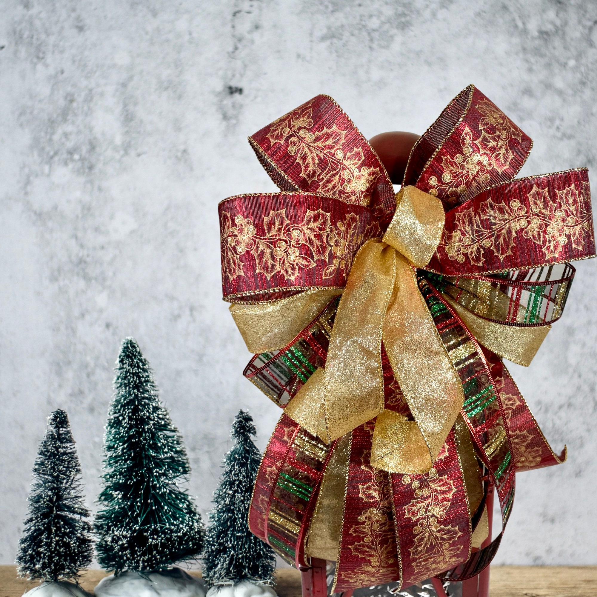 Elegant Red And Gold Christmas Bow For Lantern Swag Seasonal Holiday