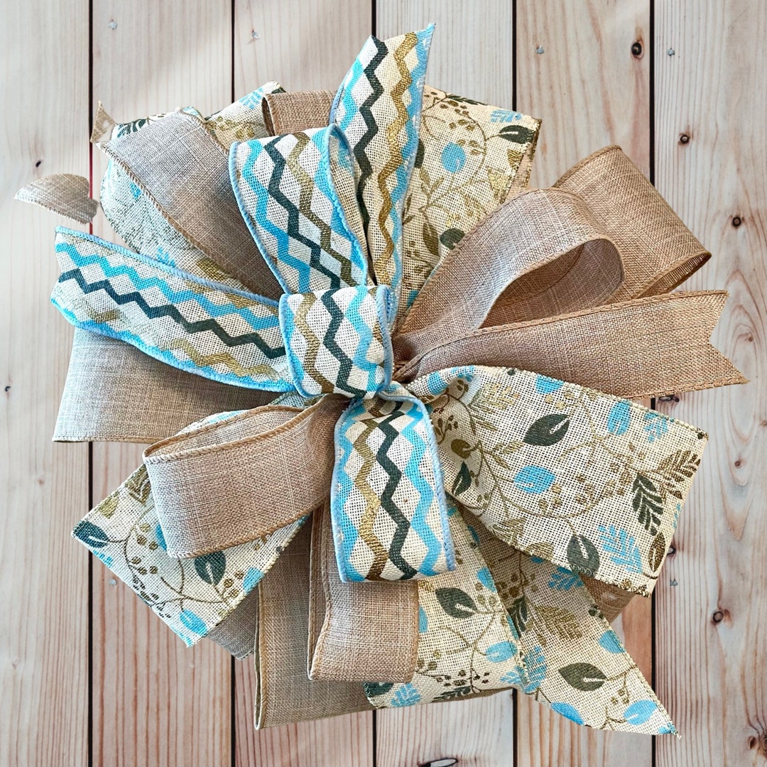 Blue and Beige Beach House Bow, Coastal Lantern Swag, Seaside Bow for ...