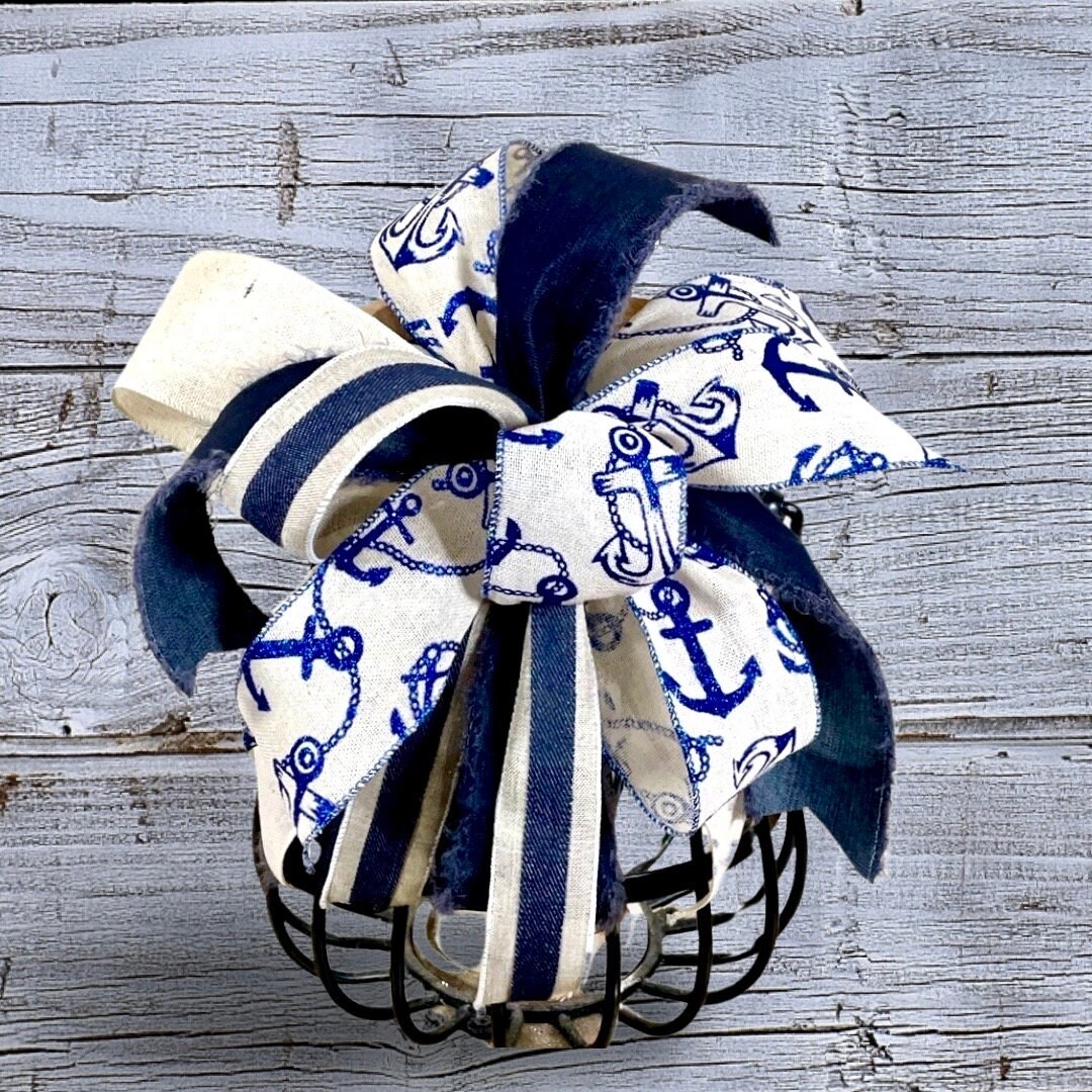 Navy Blue and Cream Nautical Bow, Anchor Boat Bow, Beach Bow, Seaside ...
