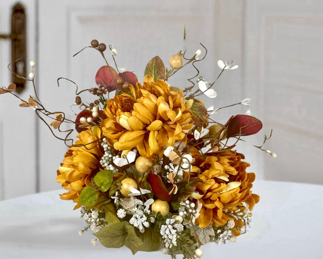 Gold Mum Floral Centerpiece Arrangement for Fall, Small Chrysanthemum ...