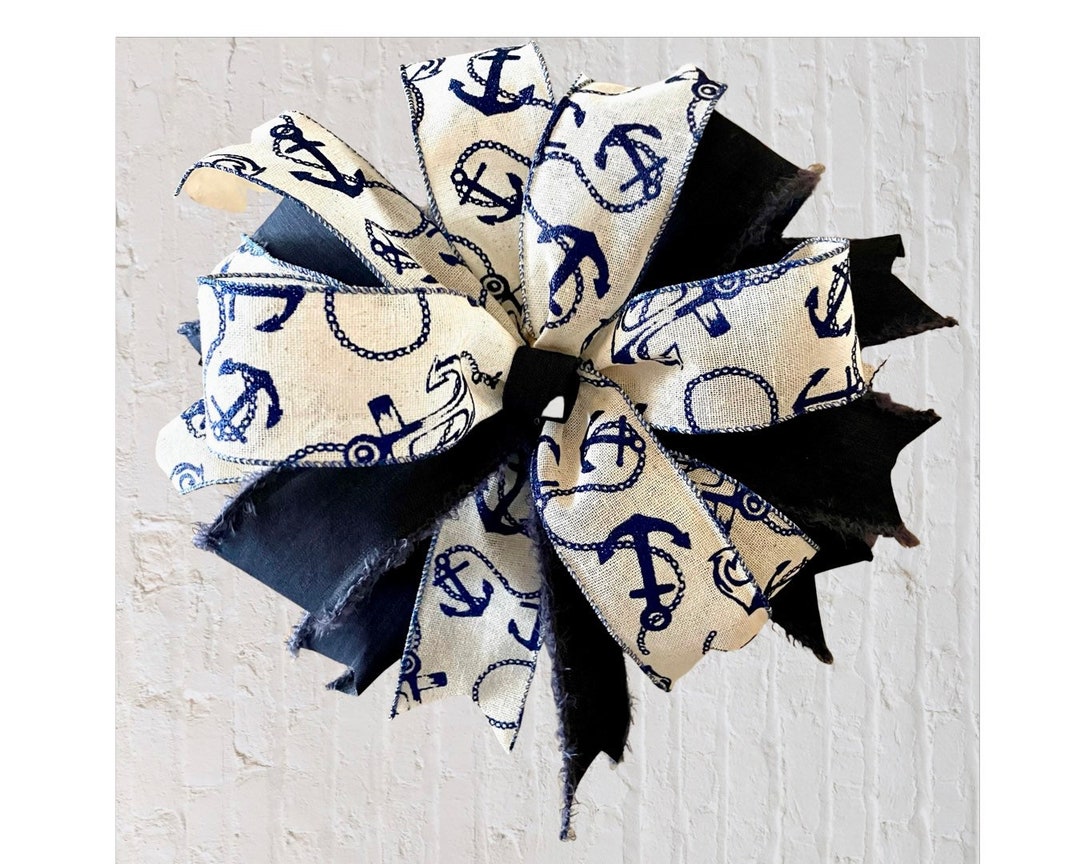 Navy Blue and Cream Nautical Bow, Anchor Boat Bow, Beach Bow, Seaside ...