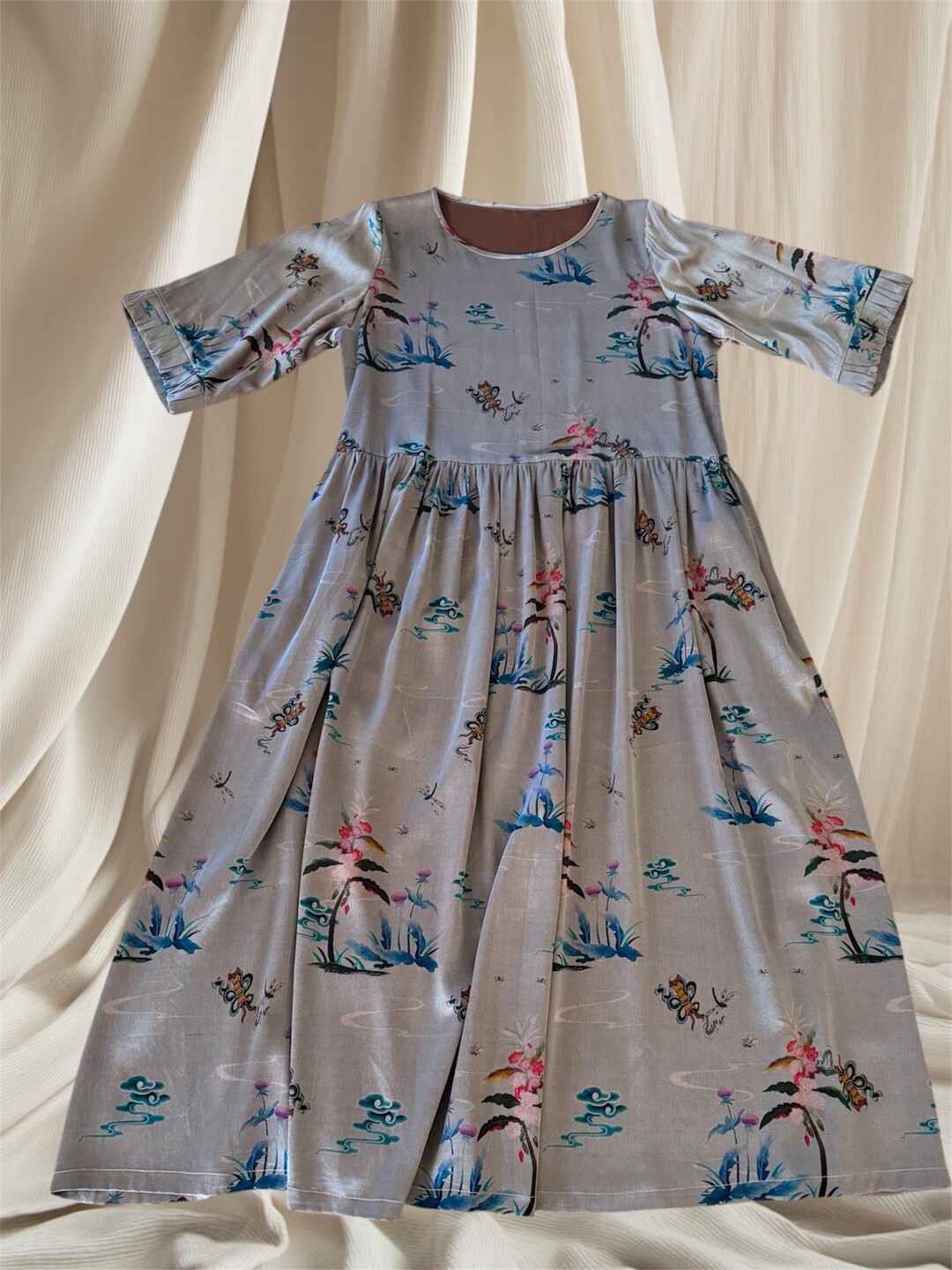 Summer Floral 100% Pure Silk Dress Silk Dress With Side Pockets Short ...