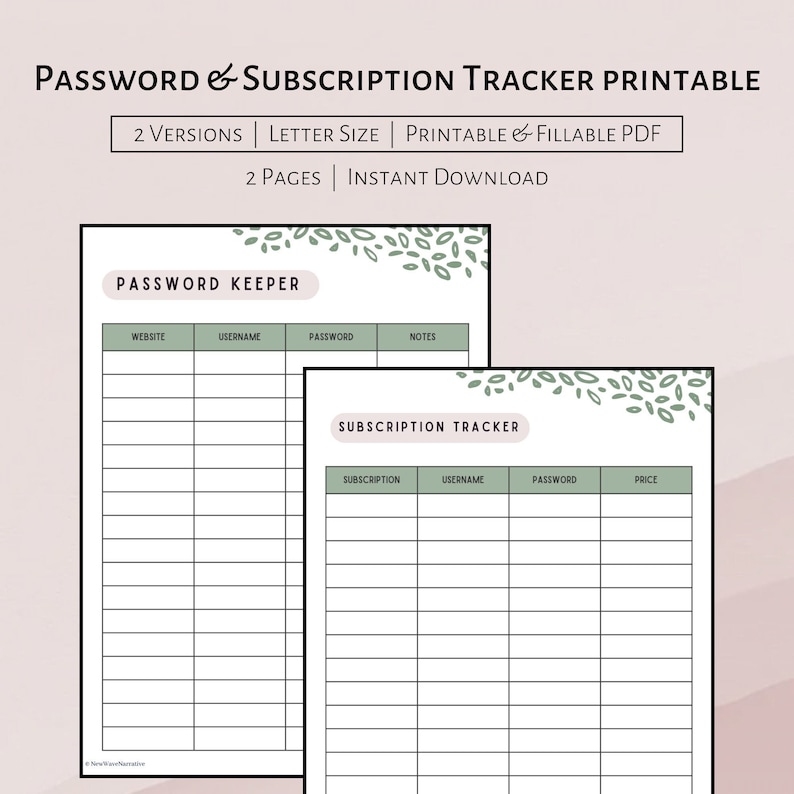 Password & Subscription Tracker Printable / Account Manager / Password ...