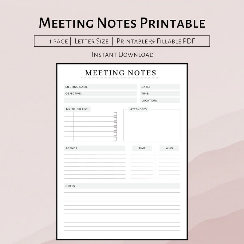 Meeting Notes Template Printable | Team Conference Agenda | Meeting ...