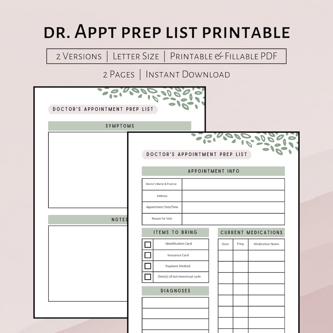 Doctor Appointment Notes Printable | Fillable Medical Prep Sheet ...