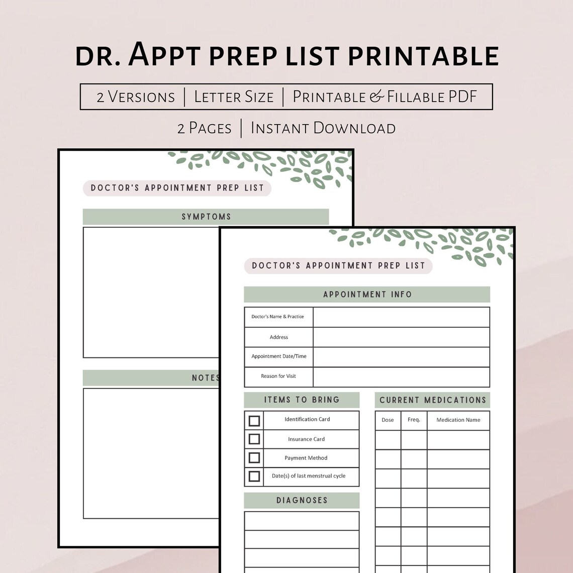 Doctor Appointment Notes Printable | Fillable Medical Prep Sheet ...