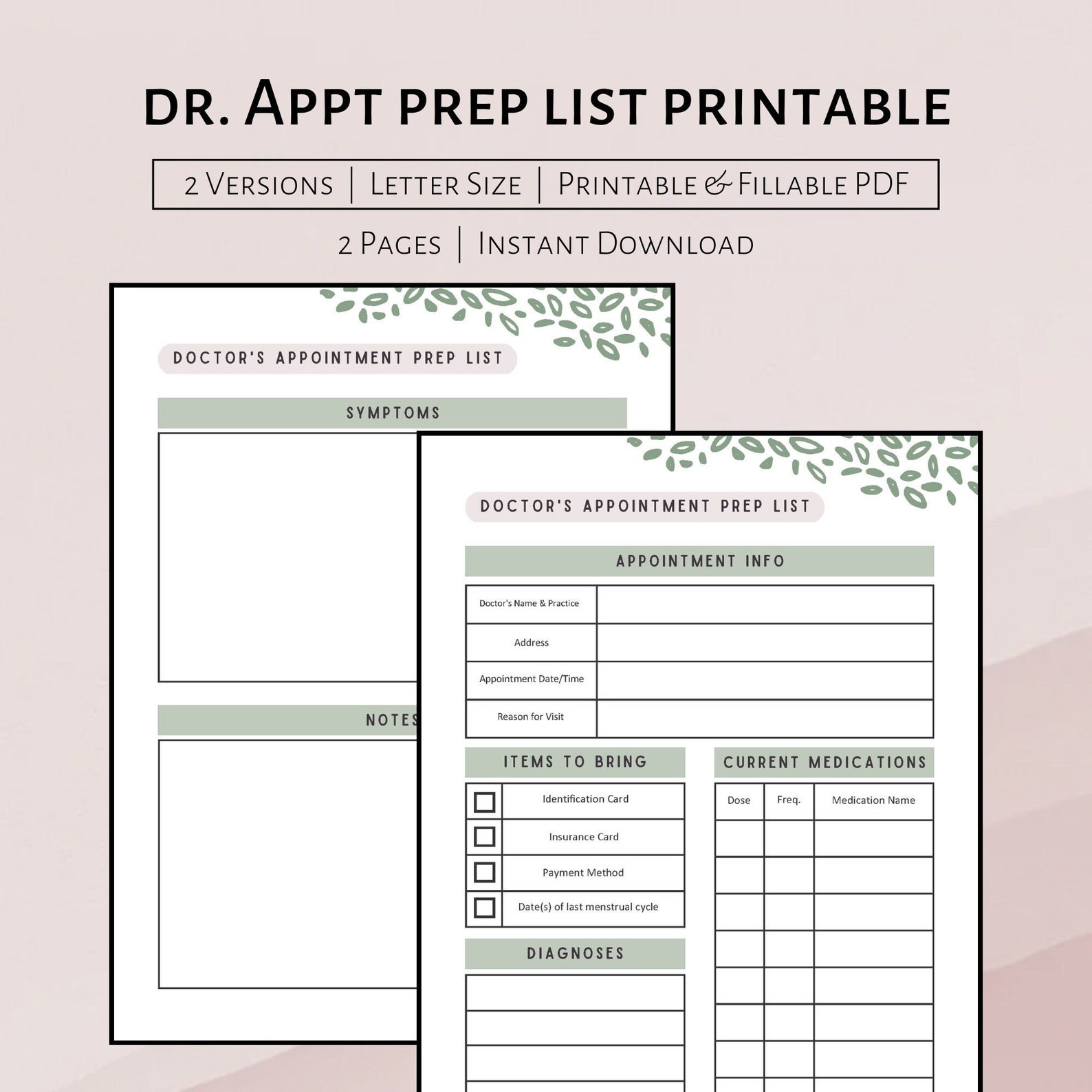 Doctor Appointment Notes Printable | Fillable Medical Prep Sheet ...