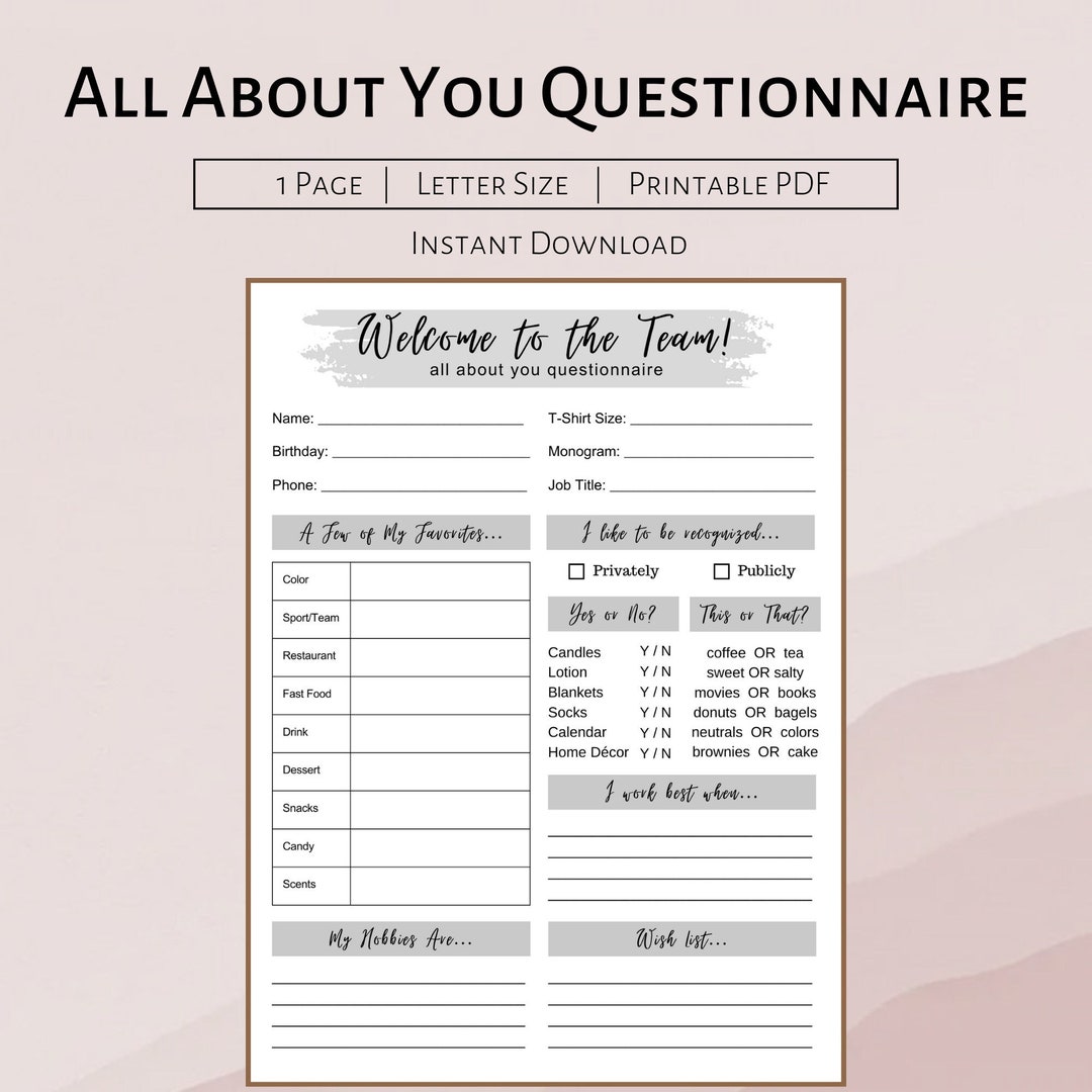 Coworker Questions Printable All About Me Employee Questionnaire ...