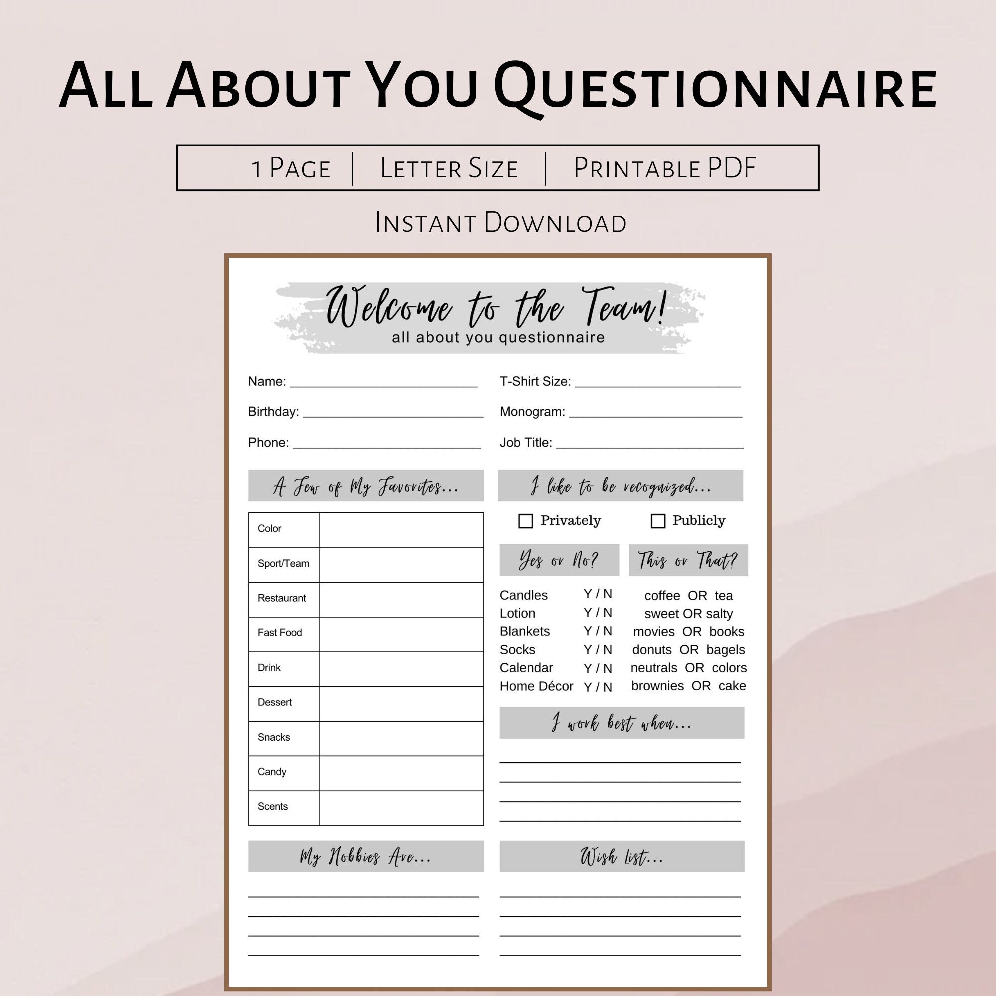 Coworker Questions Printable All About Me Employee Questionnaire ...