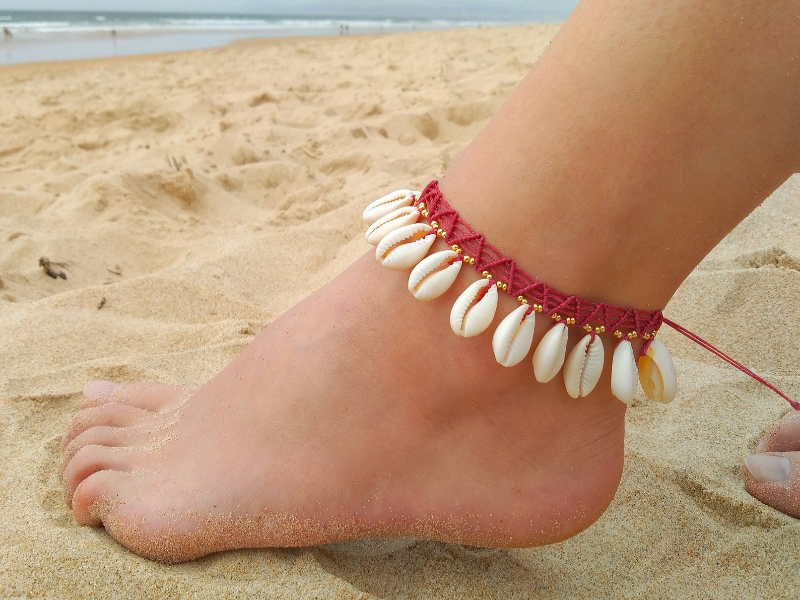 Cowrie Shell Anklet Red Macrame Boho Anklet Summer Hippie Etsy